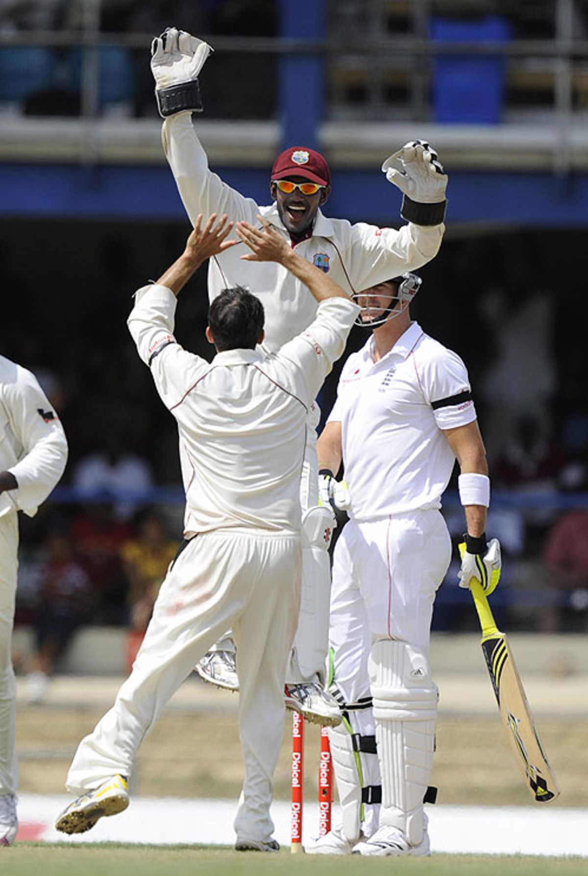 Brendan Nash celebrates the apparent dismissal of Kevin Pietersen, who ...