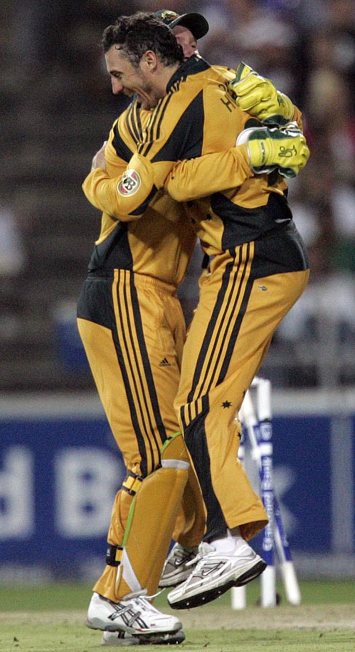 David Hussey celebrates the fall of Vaughn van Jaarsveld's wicket ...