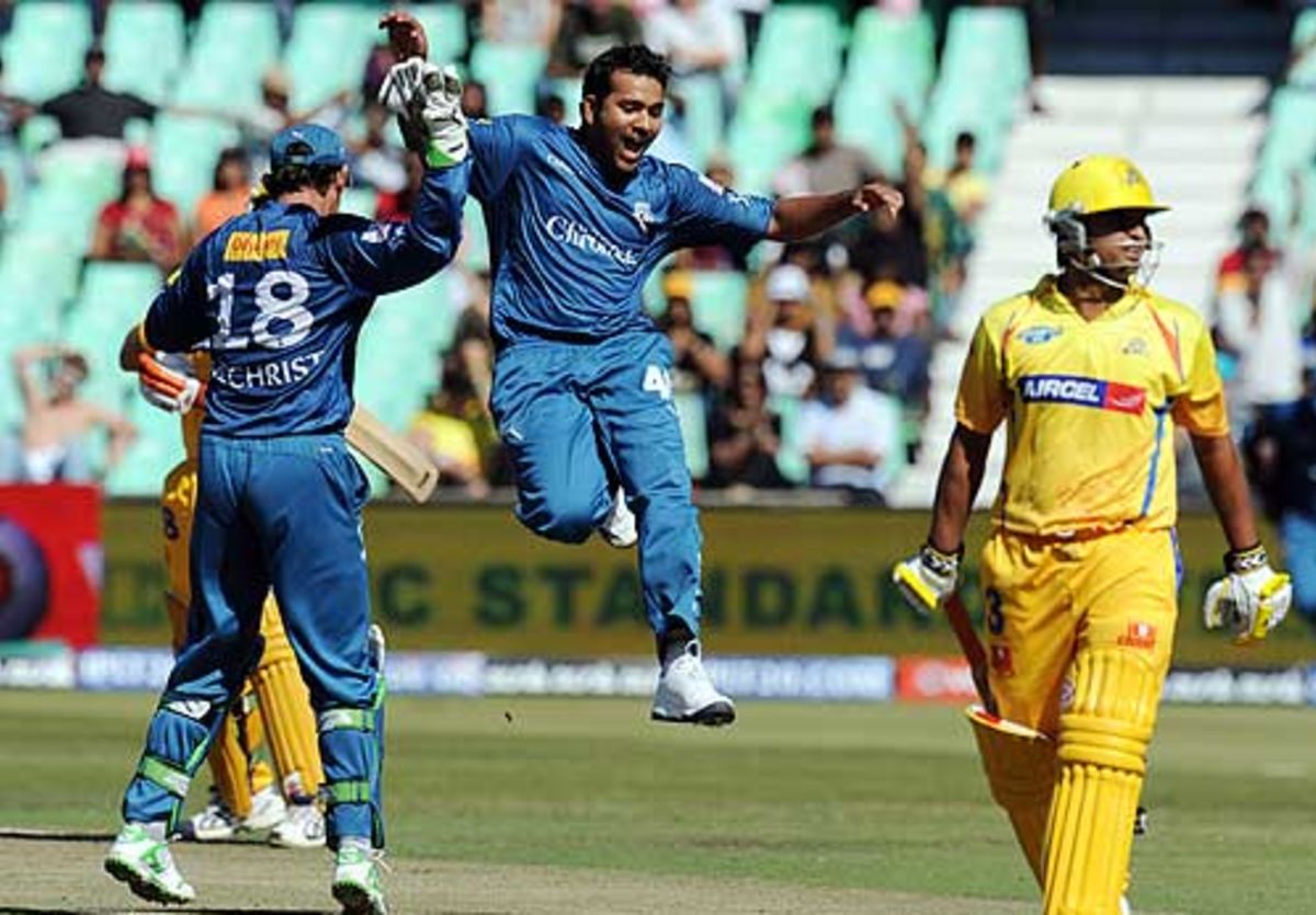 Rohit Sharma celebrates his caught and bowled off Suresh Raina ...