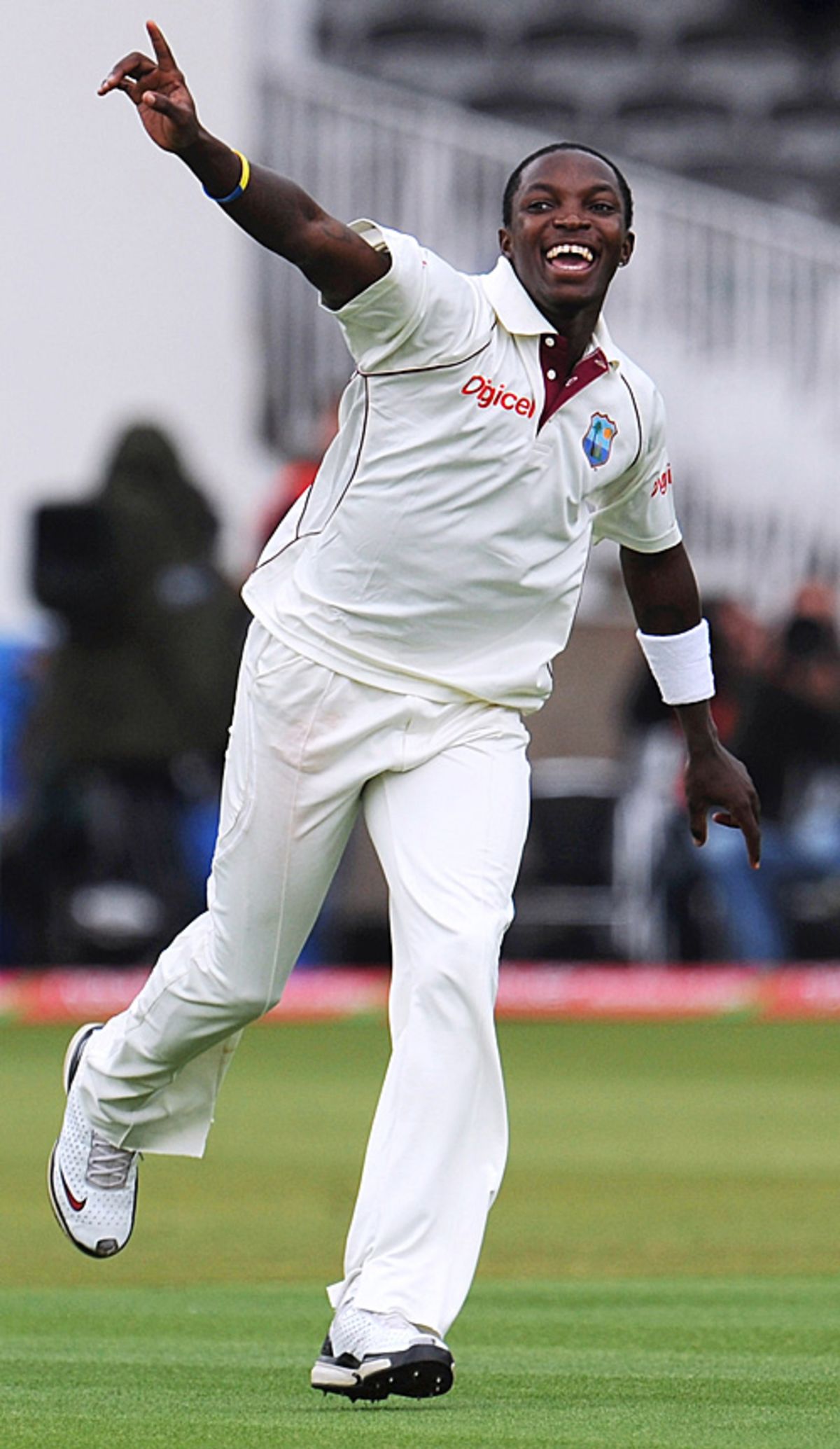 Fidel Edwards celebrates his fifth wicket in typical style ...