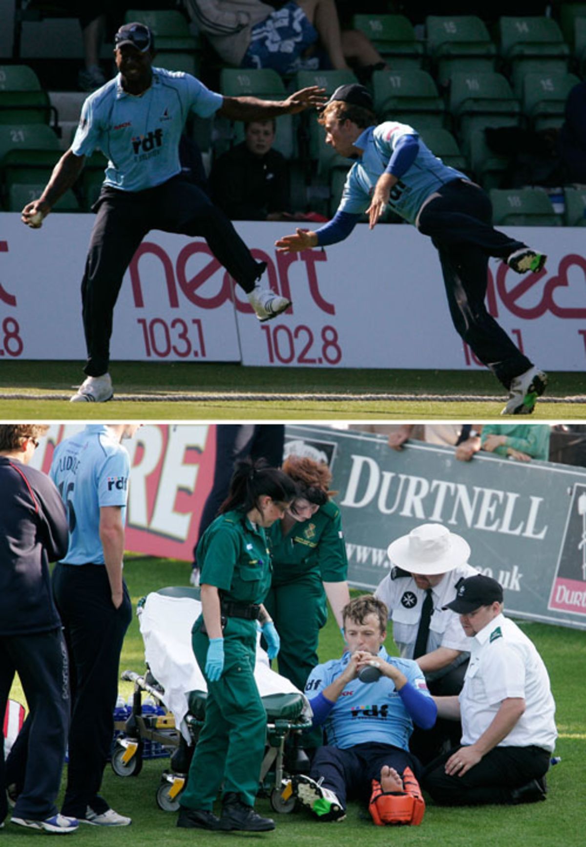 Chris Nash and Dwayne Smith collide as they go for a catch ... leaving ...