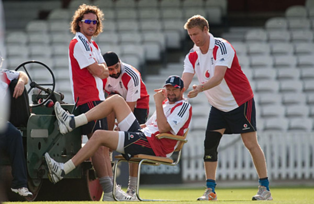 Larking around: Andrew Flintoff creeps up on Steve Harmison ...