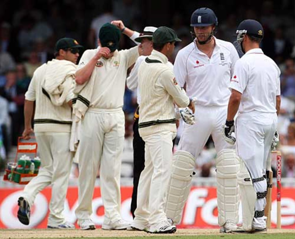 Andrew Flintoff is greeted by a handshake from Ricky Ponting at the ...