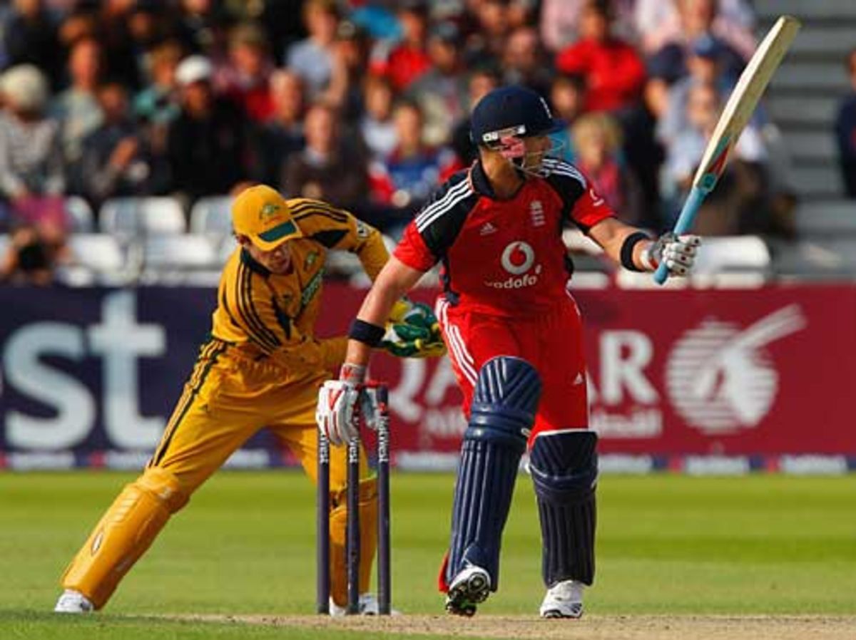 Matt Prior is lured down the pitch and stumped off Nathan Hauritz ...