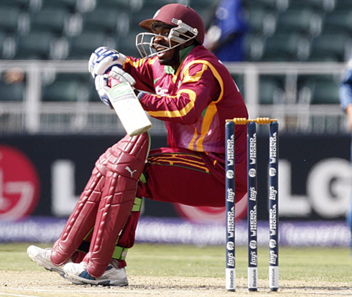 A short ball from Praveen Kumar has Kieran Powell in some discomfort ...