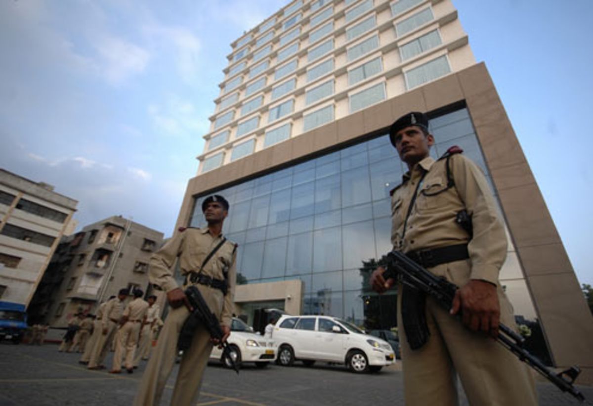 Security guards outside the hotel where the Indian and Sri Lankan teams ...