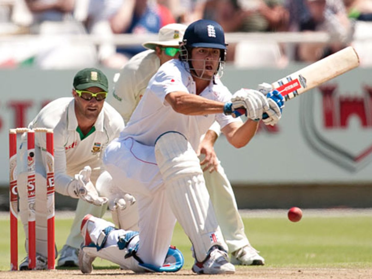 Alastair Cook swept Paul Harris well in his battling half-century ...