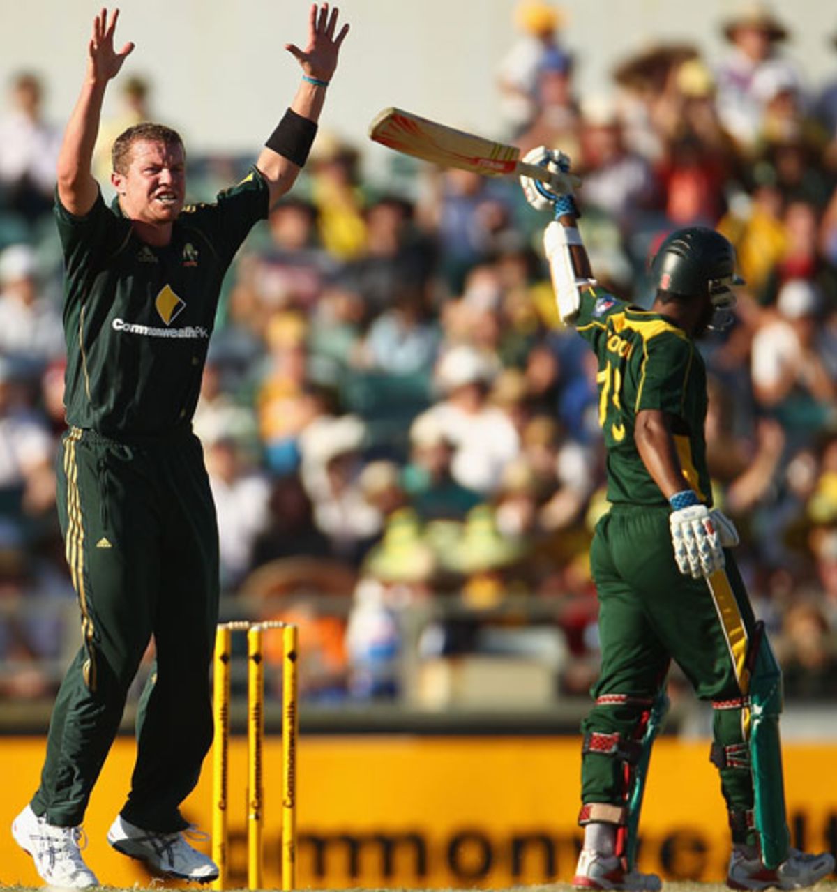 Peter Siddle gets a feather from Mohammad Yousuf through to the keeper ...