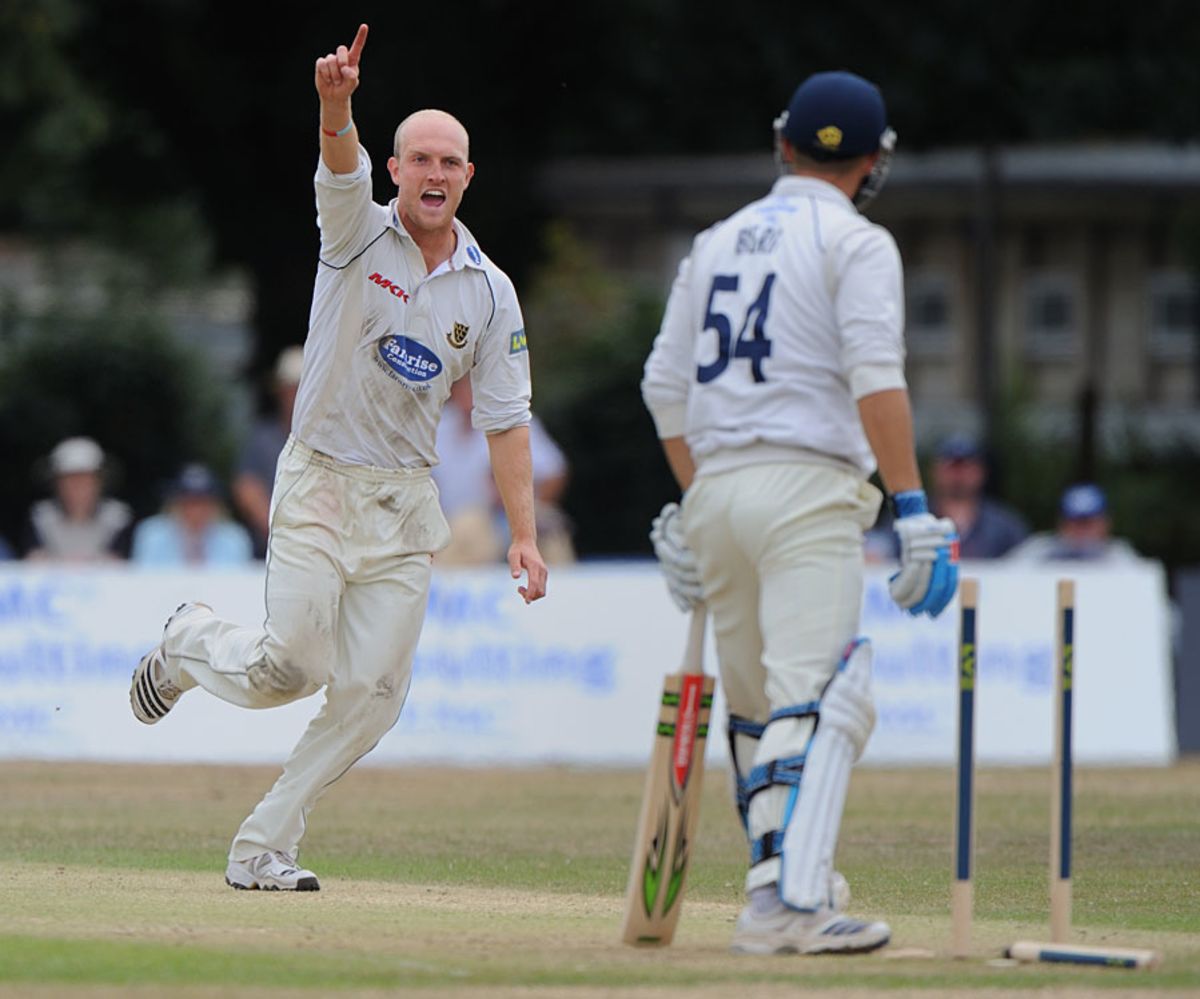 Michael Thornely celebrates uprooting Gareth Berg's middle stump ...
