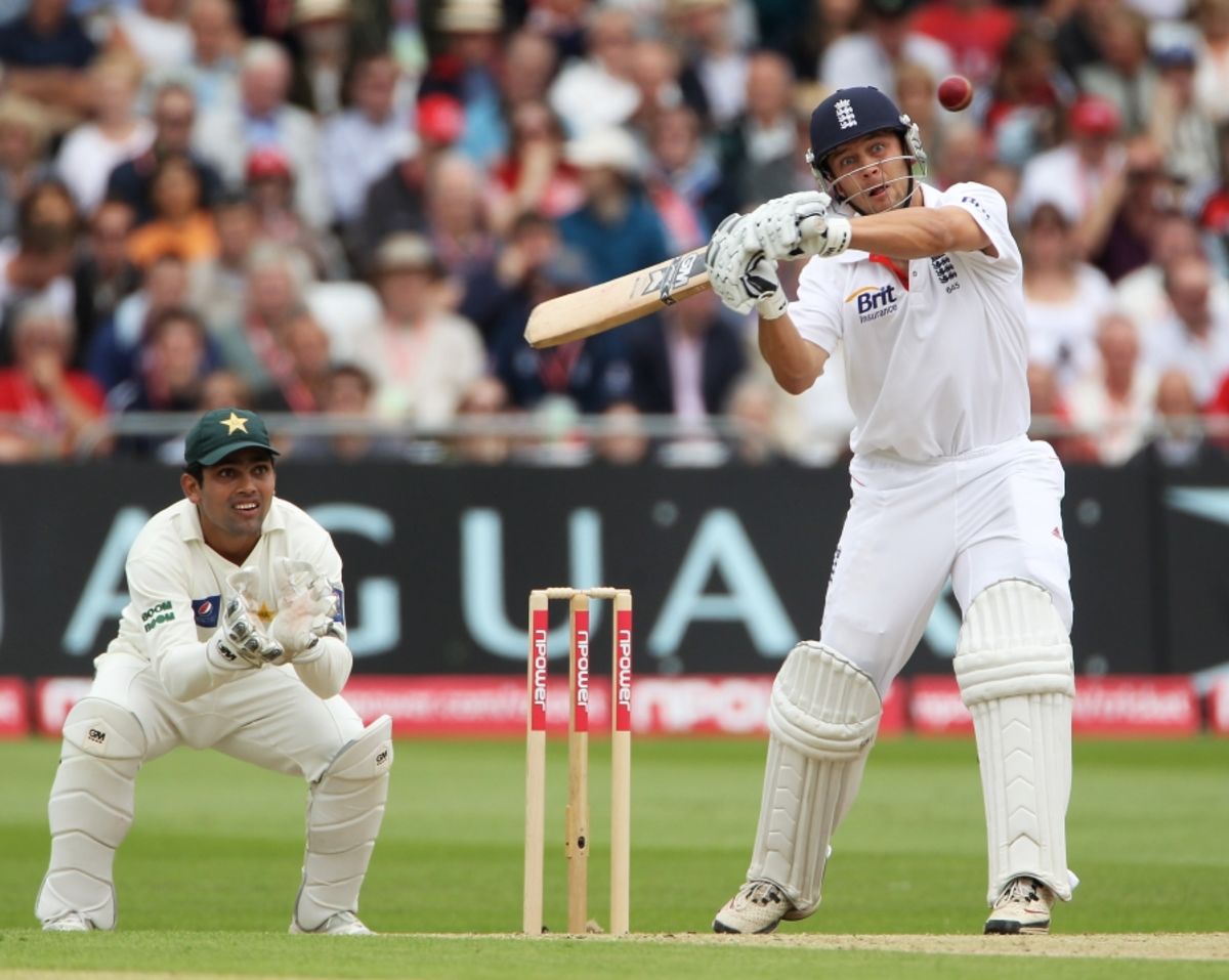 A high full toss from Danish Kaneria took Jonathan Trott by surprise ...