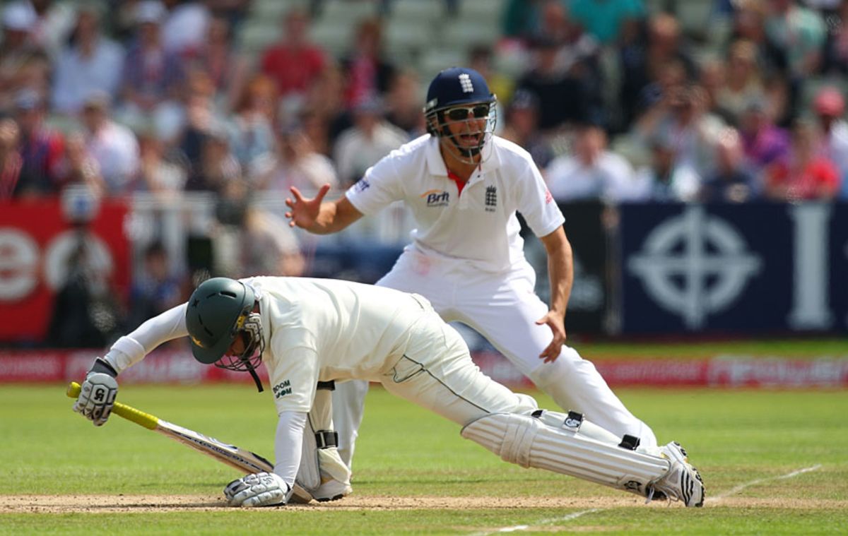 Imran Farhat lunges forward as he is bowled by Graeme Swann ...