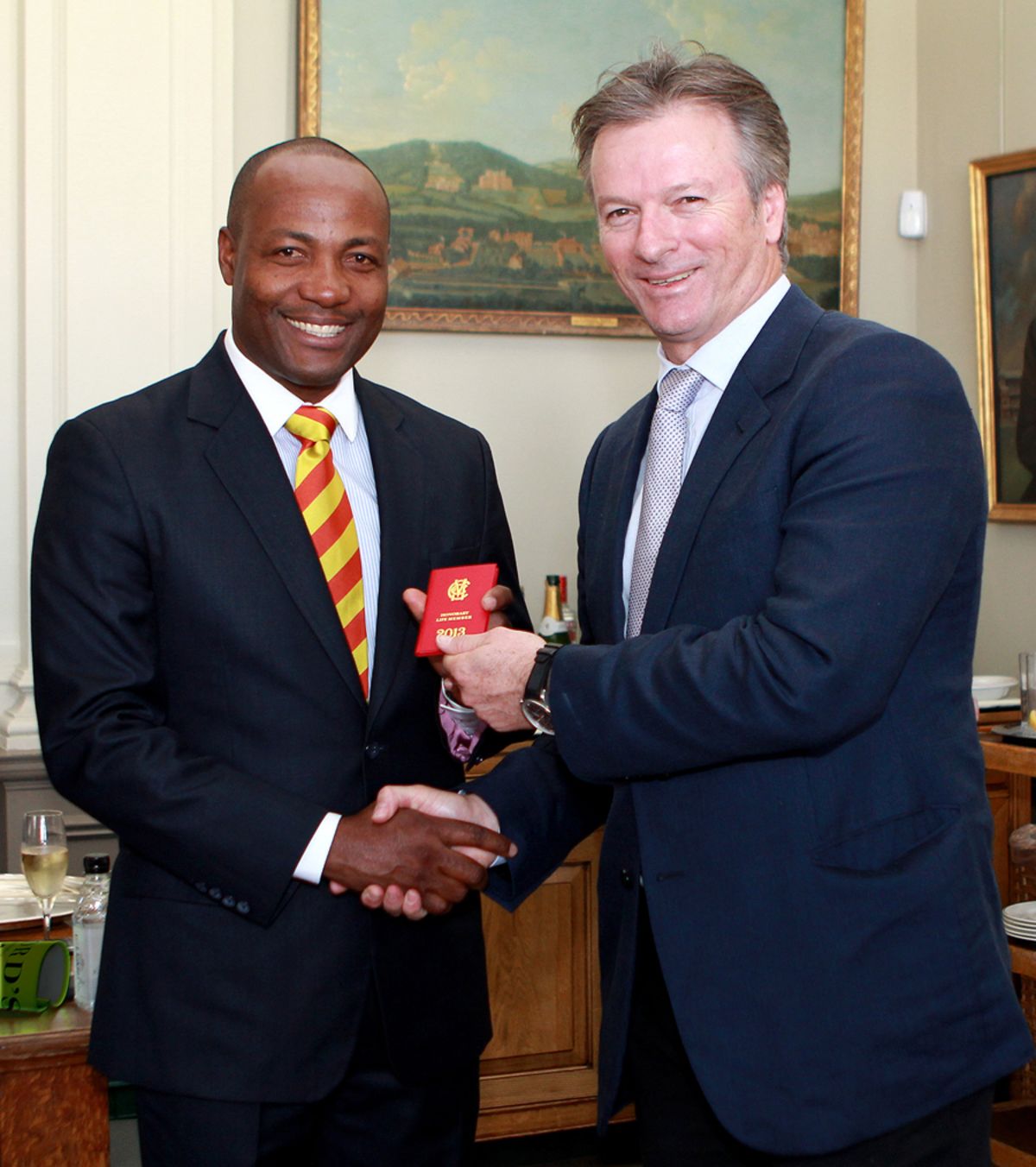 Steve Waugh hands Brian Lara his MCC honorary life membership ...