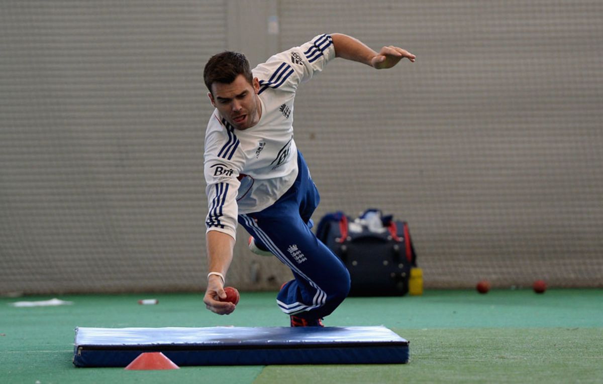 James Anderson stretches for a catch during indoor practice ...