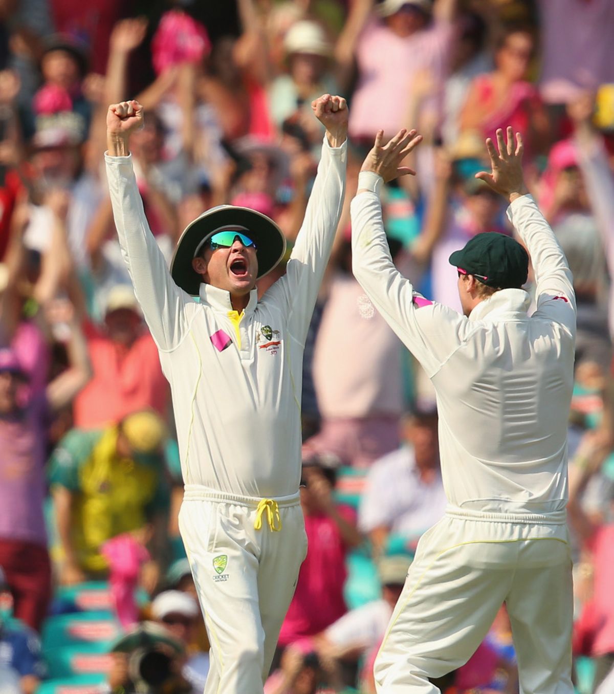 The winning moment: Michael Clarke celebrates after holding the final ...