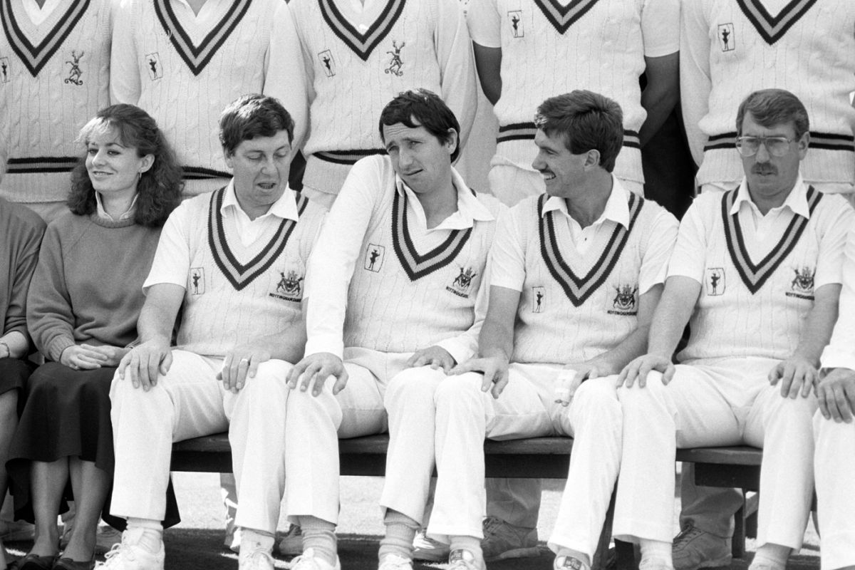 Michael Bore, Derek Randall, Bruce French and Eddie Hemmings at a squad ...
