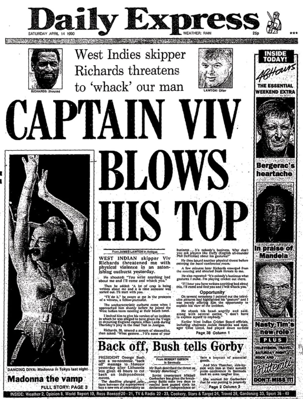 Daily Express front page after the stand-off between Viv Richards and ...