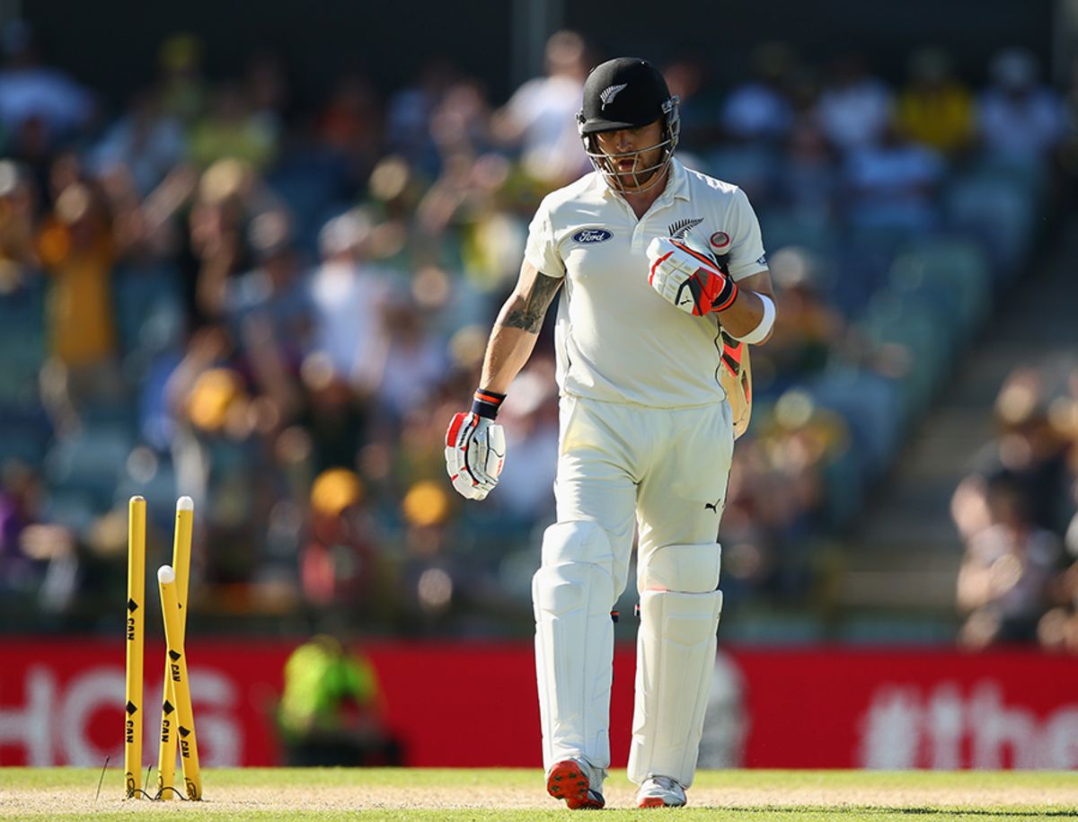 A chunk of Brendon McCullum's bat was broken by Mitchell Starc ...
