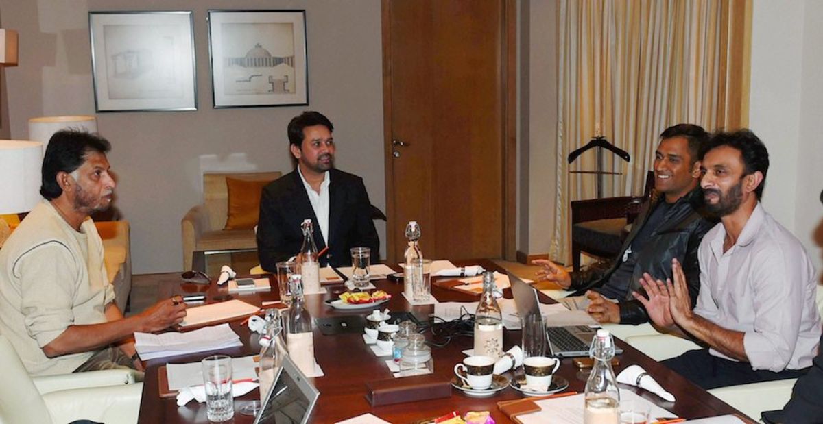 Sandeep Patil, Anurag Thakur, MS Dhoni and Vikram Rathour during the ...