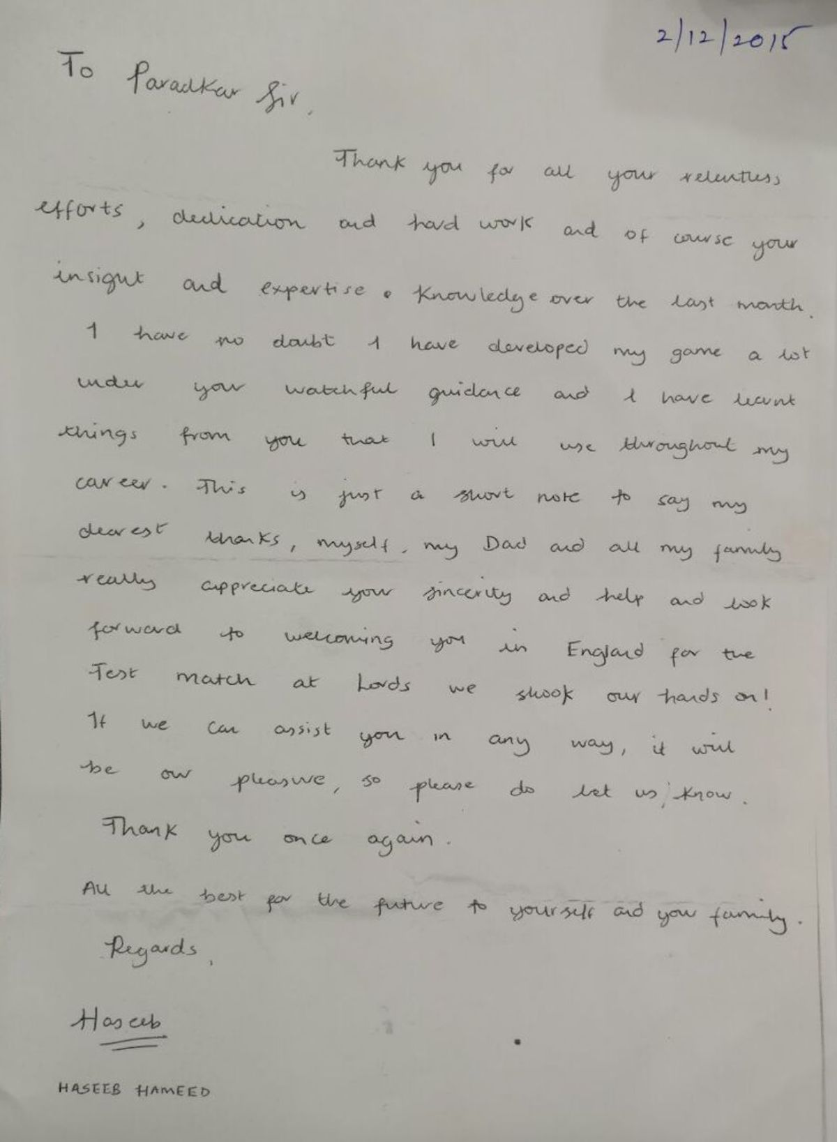 A copy of a handwritten letter from Haseeb Hameed to his Mumbai coach ...