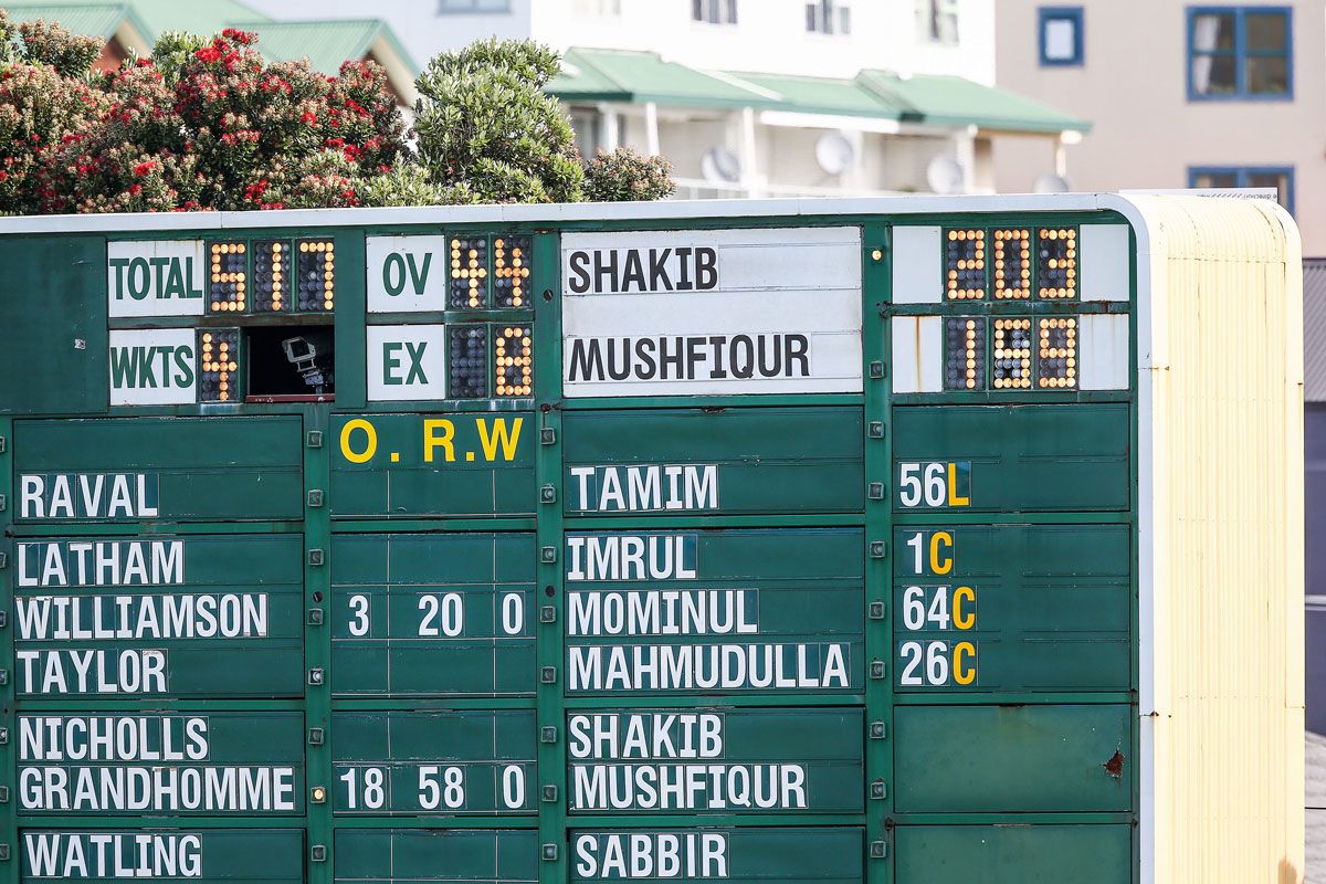The Basin Reserve scoreboard during Shakib Al Hasan and Mushfiqur Rahim ...