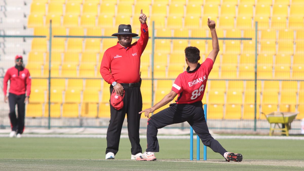 Ehsan Khan celebrates his second wicket in the over after Kyle Coetzer ...