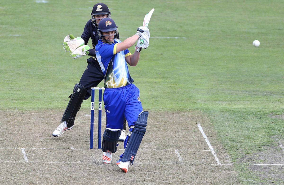 Anaru Kitchen wheels away after dismissing Rovman Powell | ESPNcricinfo.com