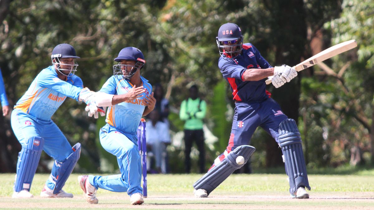 Camilus Alexander pulls over mid-on for a boundary in his unbeaten 30 ...