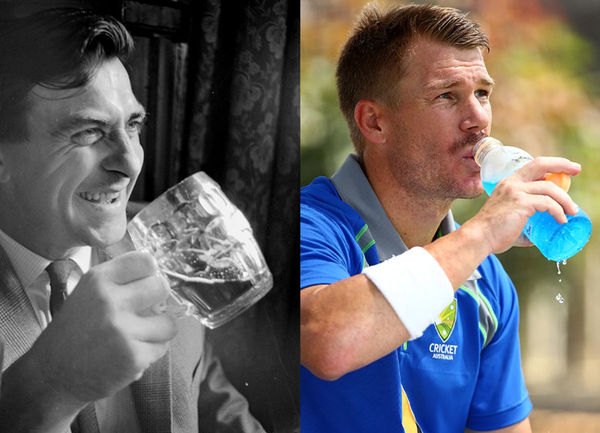 Composite: Fred Trueman drinks beer; David Warner drinks an energy ...