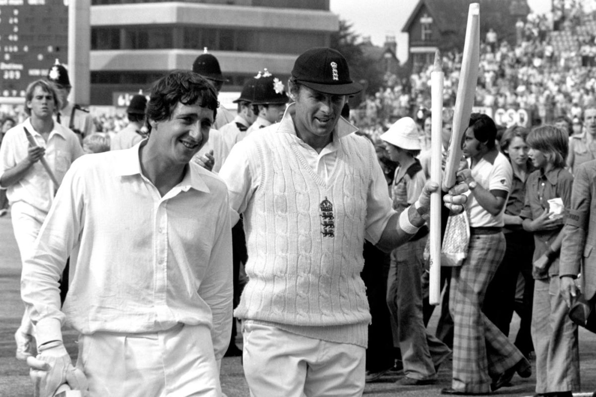Derek Randall and Geoff Boycott walk off after wrapping up the win ...