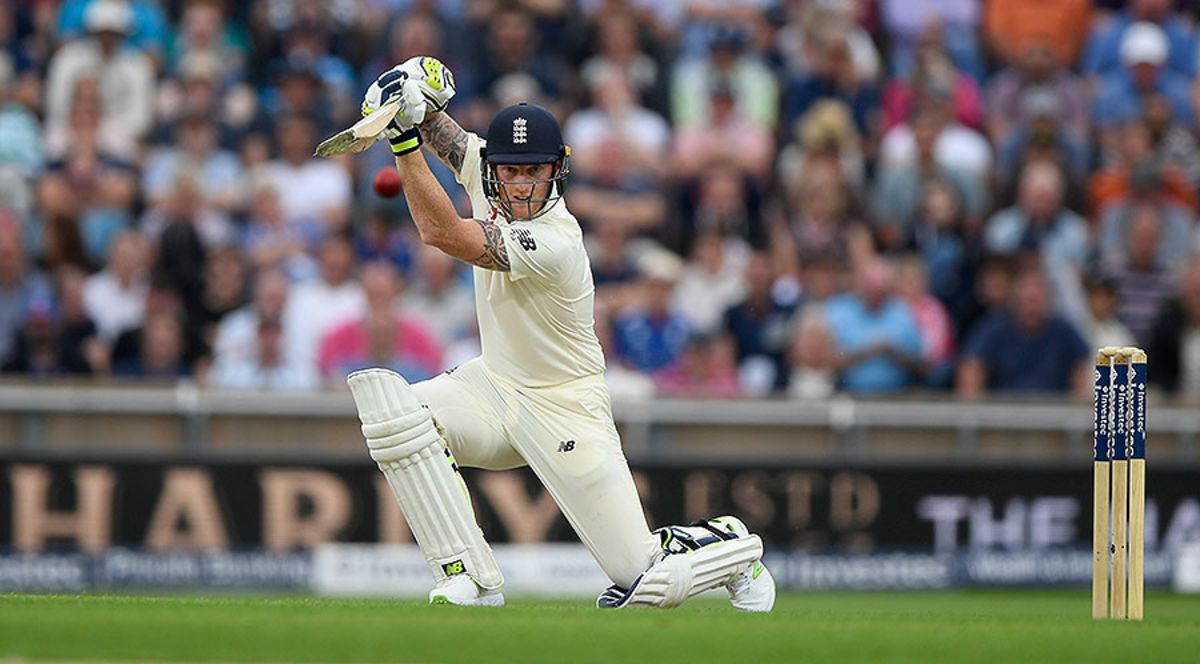 Ben Stokes drives through the covers during his half-century ...