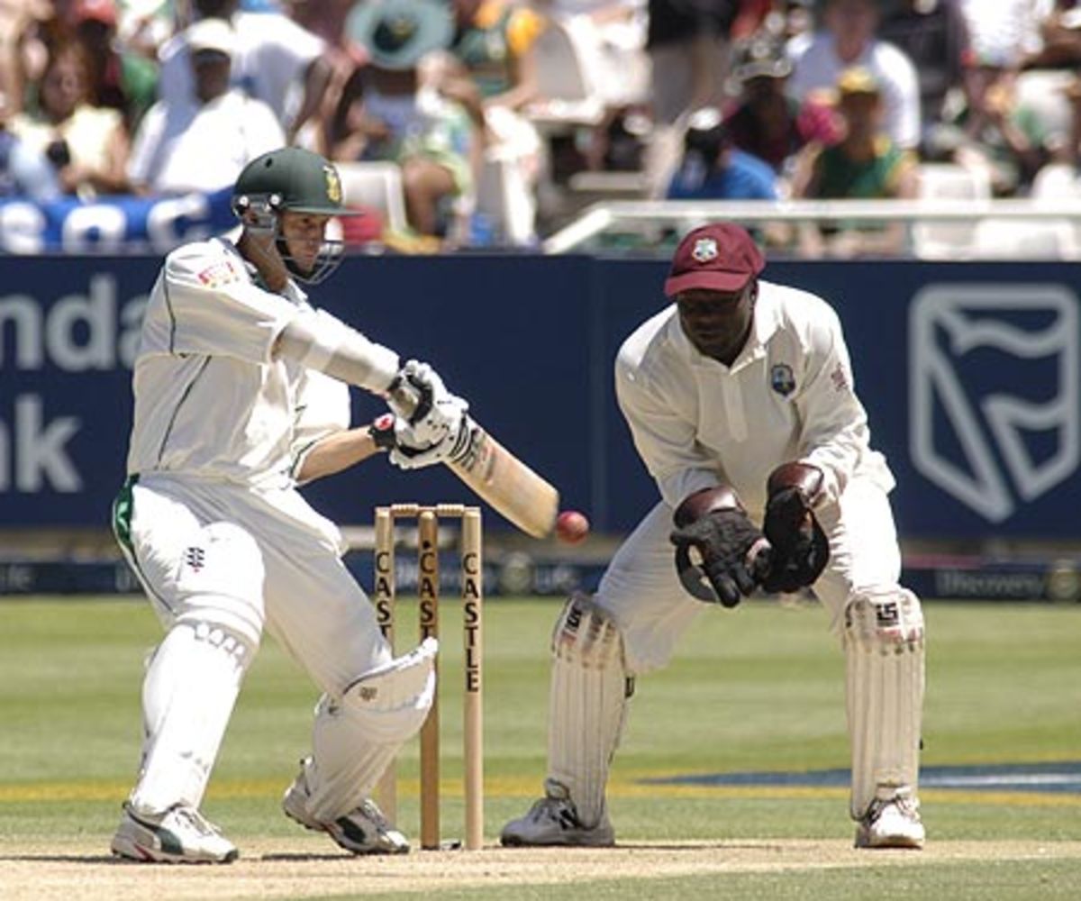 Gary Kirsten prepares to cut with West Indian wicketkeeper Ridley ...