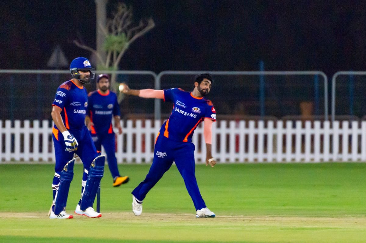 Jasprit Bumrah and Rohit Sharma in action during a Mumbai Indians intra-squad practice match ...