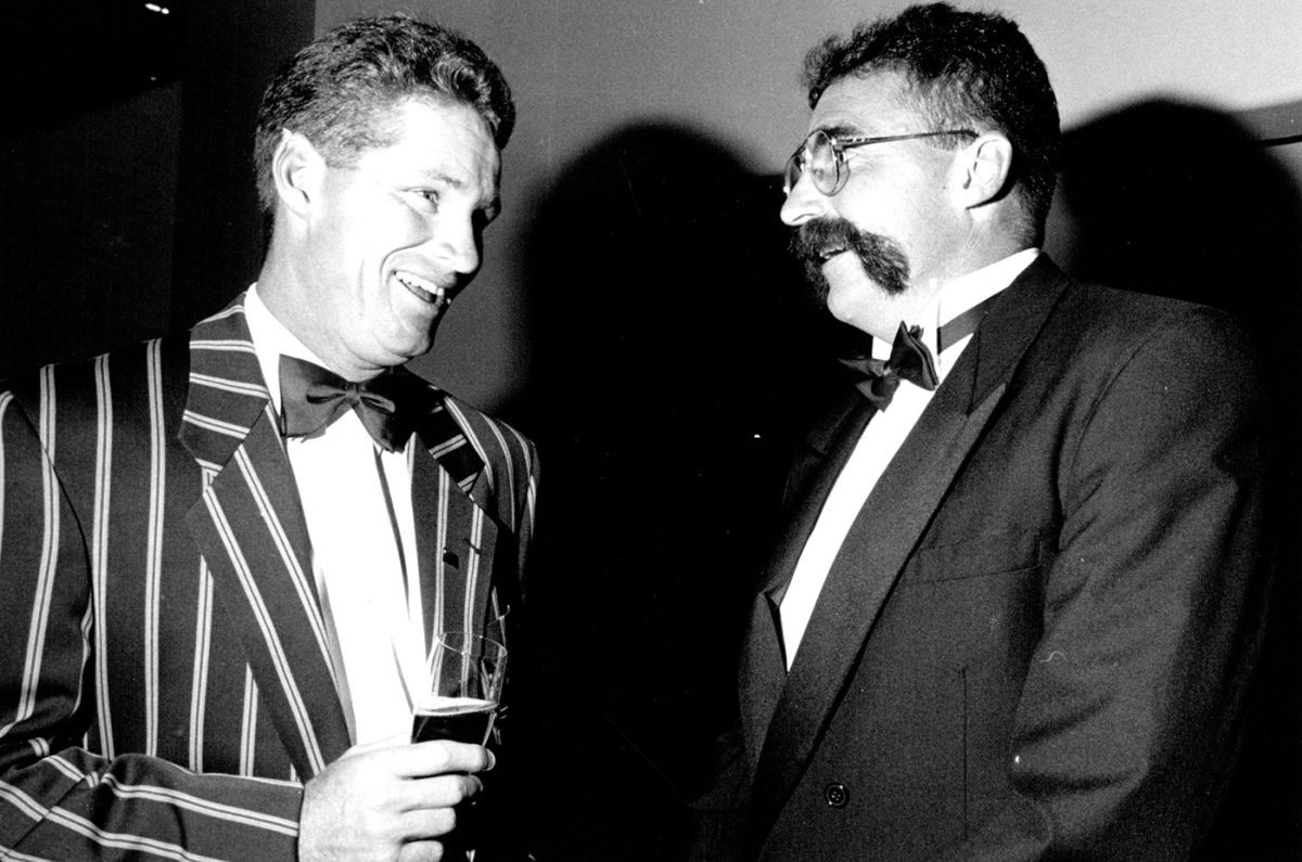 Dean Jones and Merv Hughes at an Allan Border tribute dinner in Sydney ...