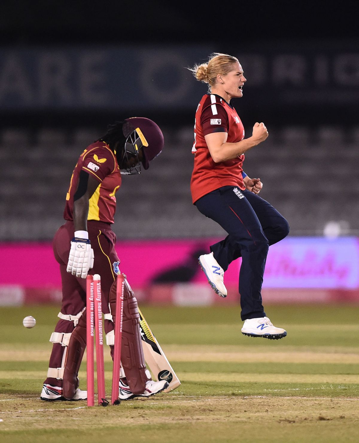Katherine Brunt celebrates the big wicket of Deandra Dottin ...