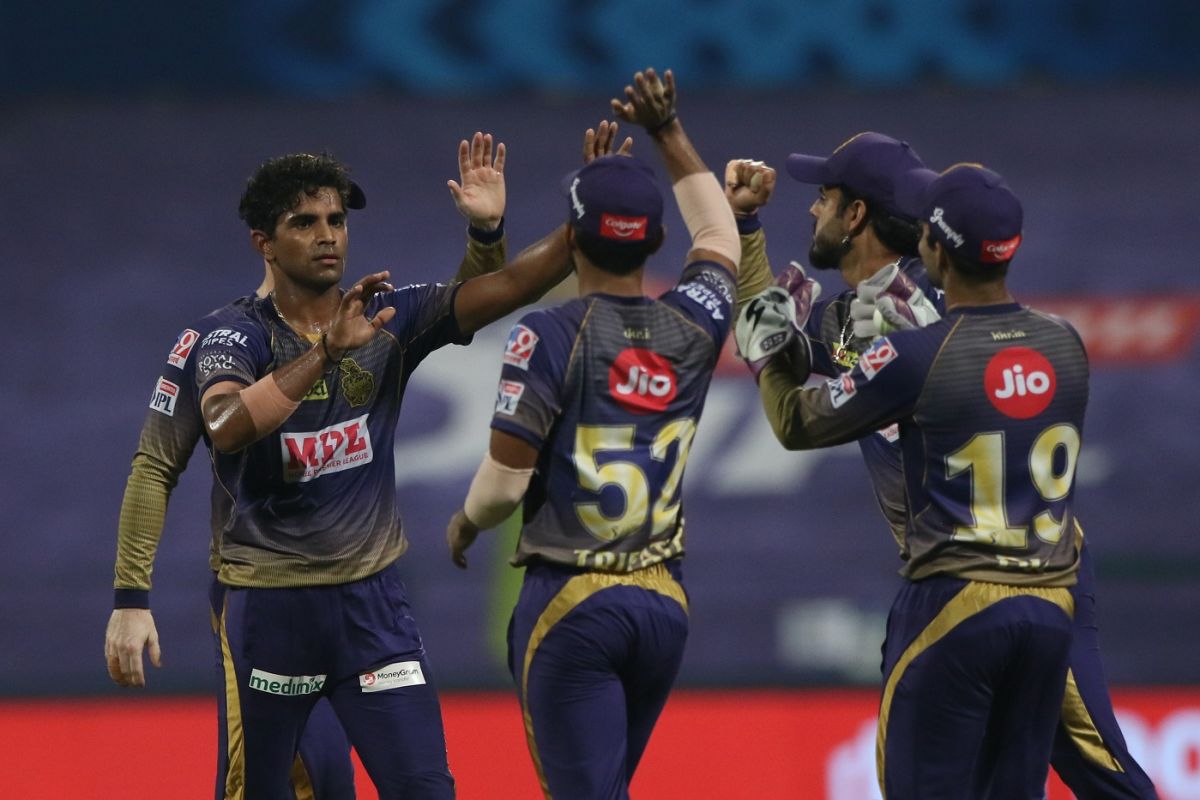 Kolkata Knight Riders celebrate the wicket of Faf du Plessis ...