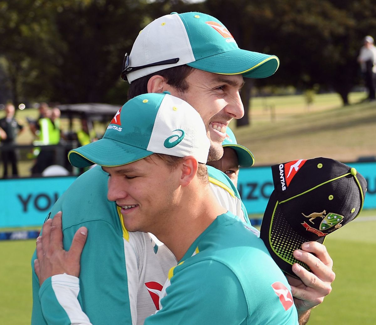 Daniel Sams and Matthew Wade celebrate the wicket of Martin Guptill ...