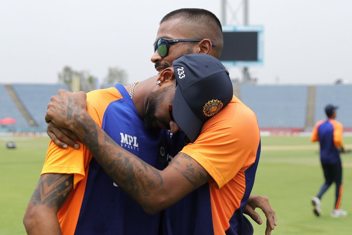 An emotional Krunal Pandya gets a hug from brother Hardik after his ...