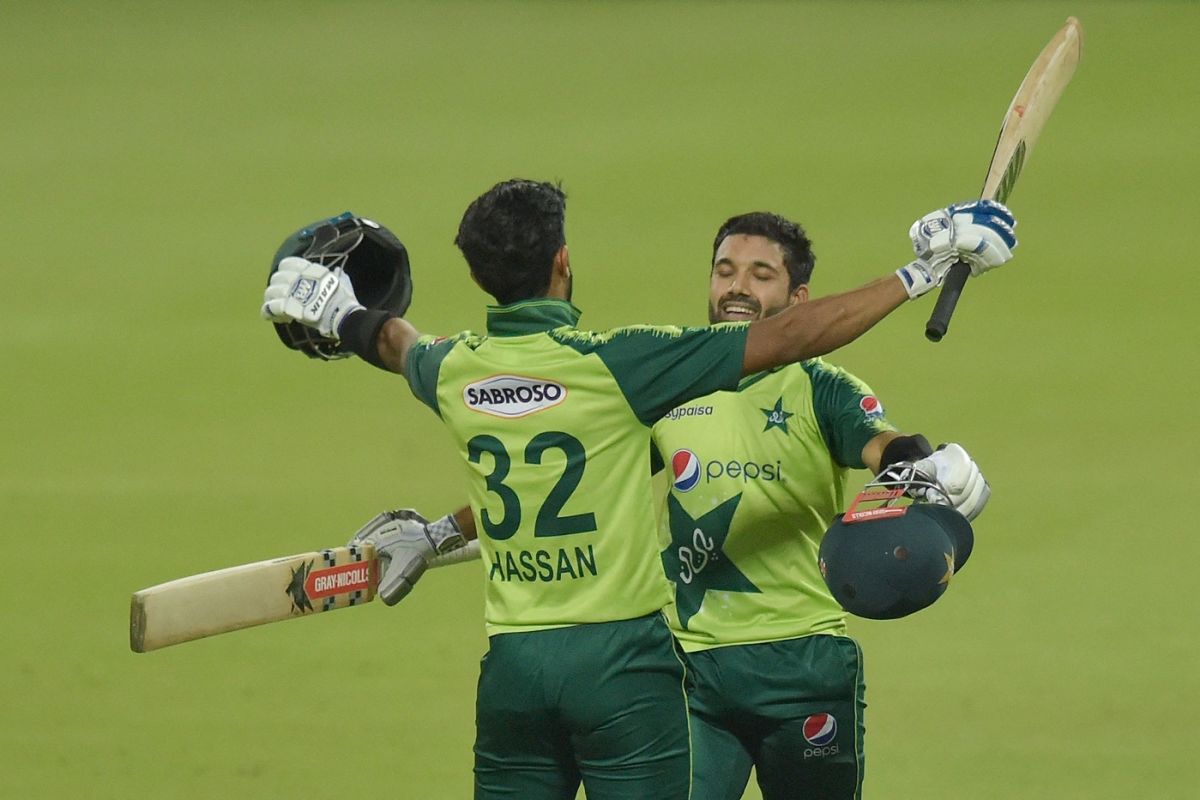 Mohammad Rizwan and Hasan Ali celebrate after completing the win ...