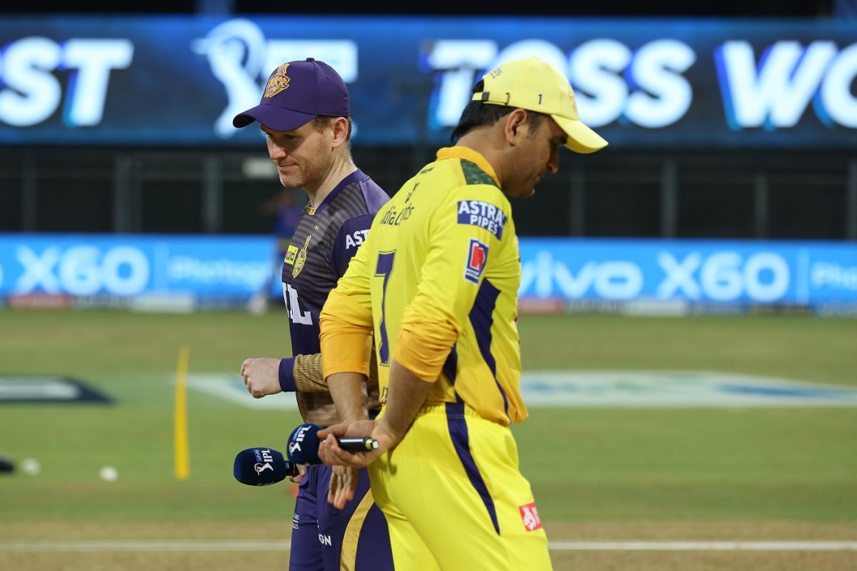 Two ODI World Cup winning captains Eoin Morgan and MS Dhoni at the toss ...