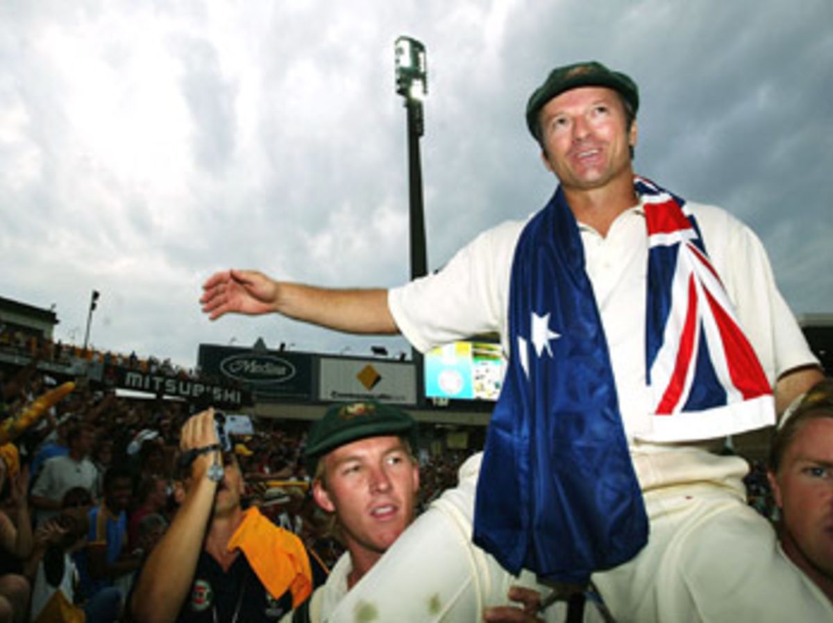 Steve Waugh is carried on the shoulders of his team-mates ...