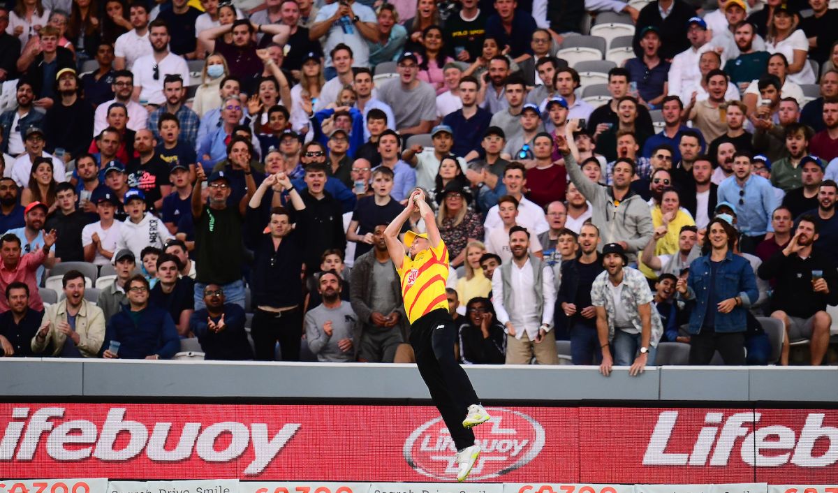 Luke Wood of Trent Rockets Men takes a catch to dismiss Eoin Morgan of London Spirit Men ...