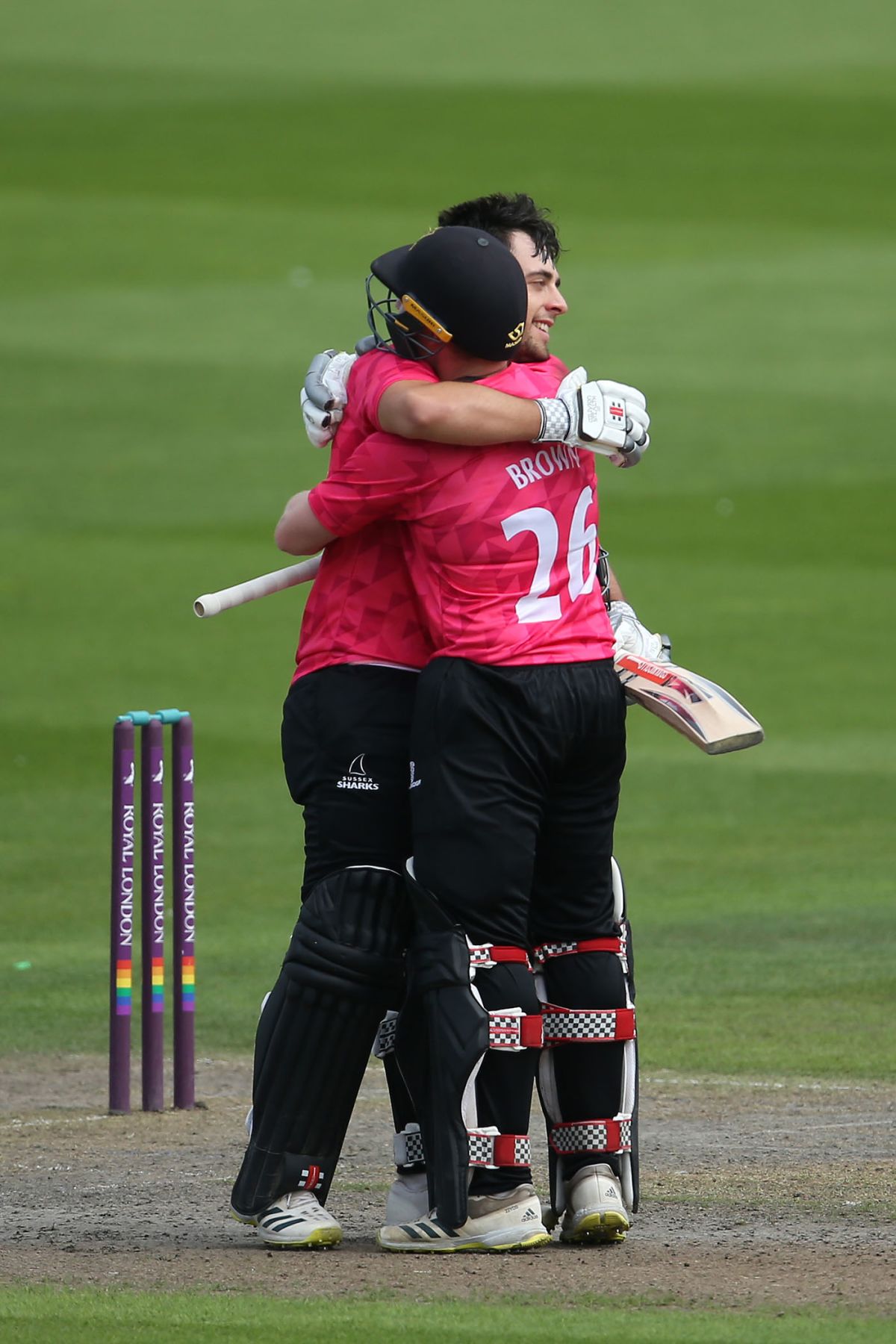 Tom Haines celebrates reaching his century with Ben Brown ...
