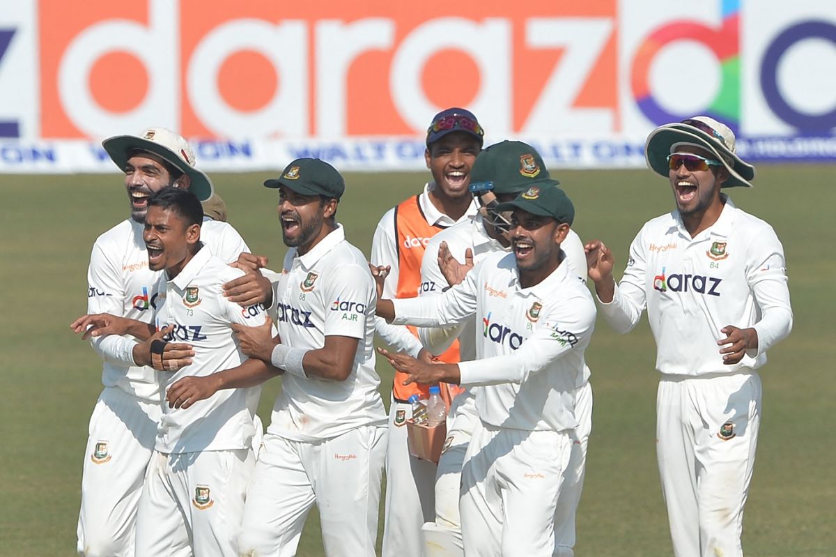 Bangladesh players exult after Taijul Islam gets Abid Ali ...