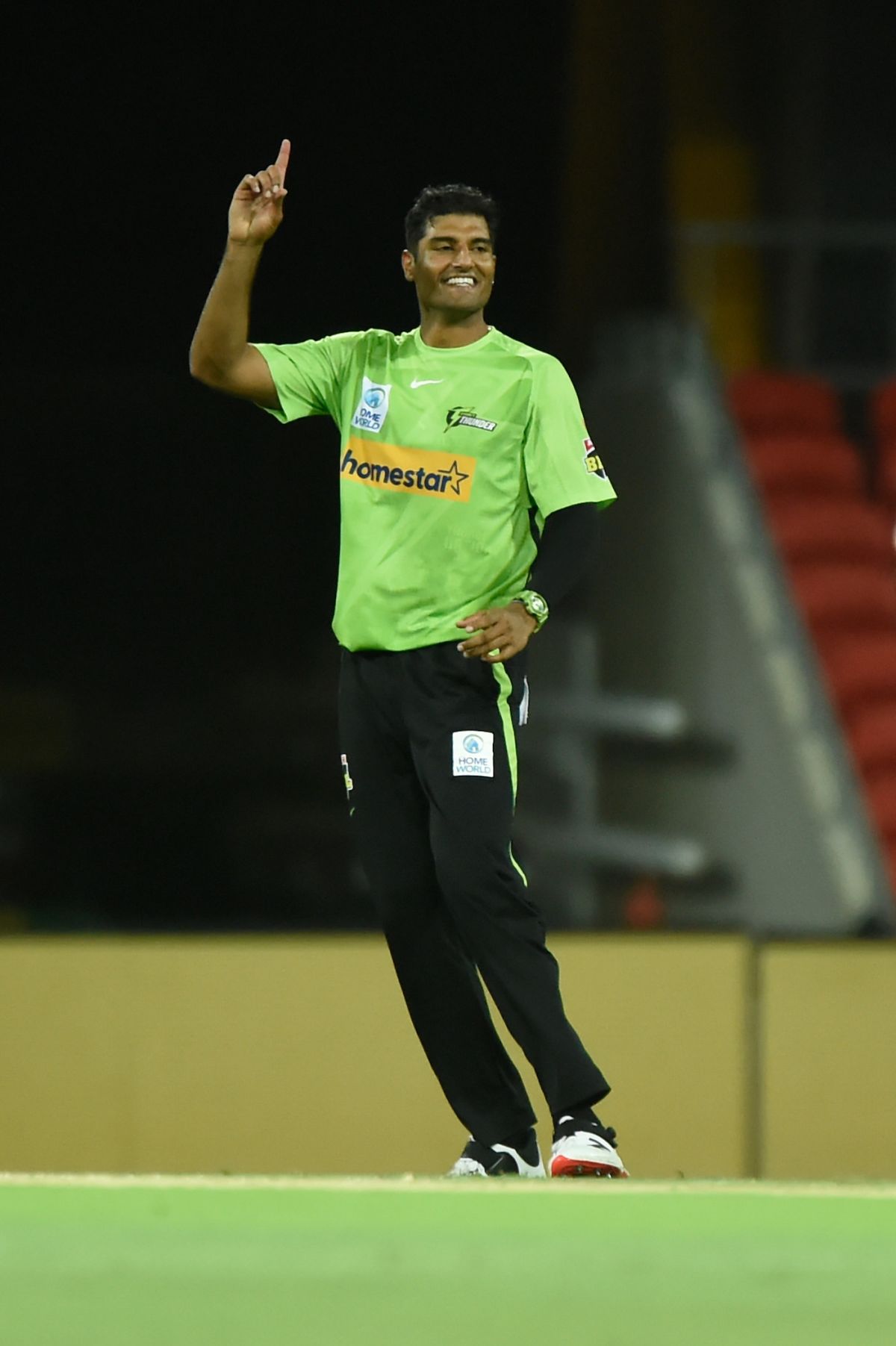 Gurinder Sandhu celebrates a wicket during his 4 for 22 burst ...