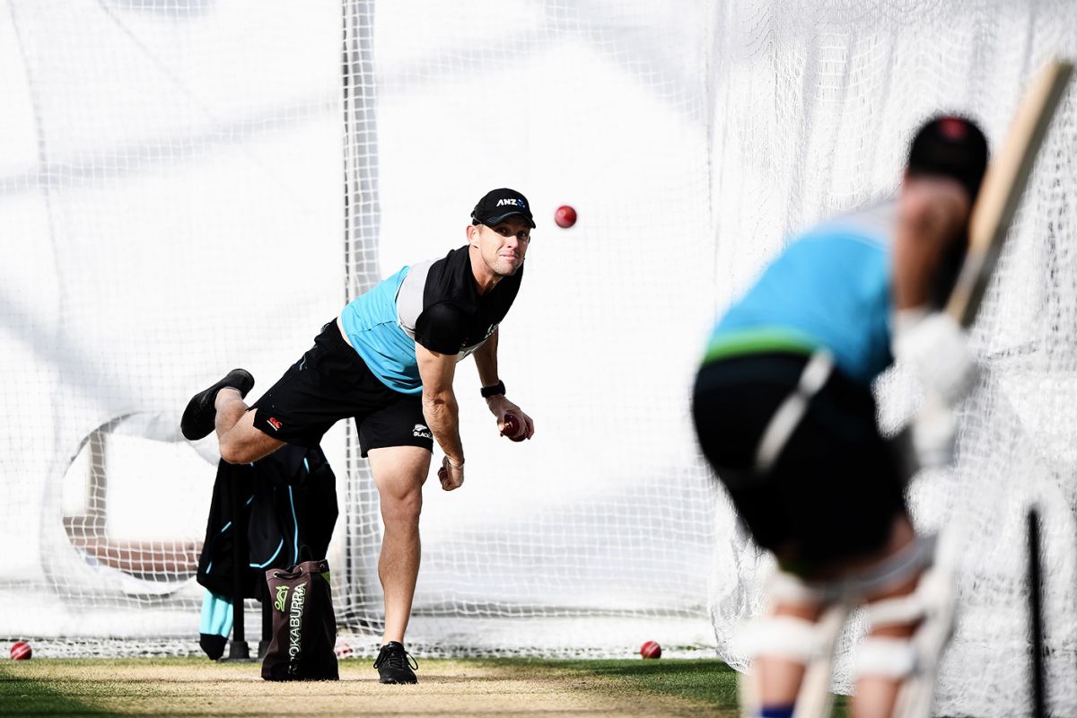New Zealand's fielding coach Heinrich Malan bowls in the nets ...
