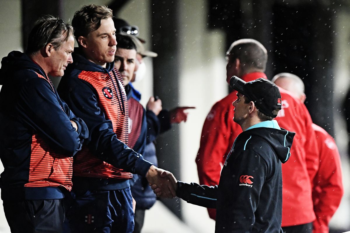 Tom Latham, Michael Bracewell, Logan van Beek and Matt Henry pose for ...