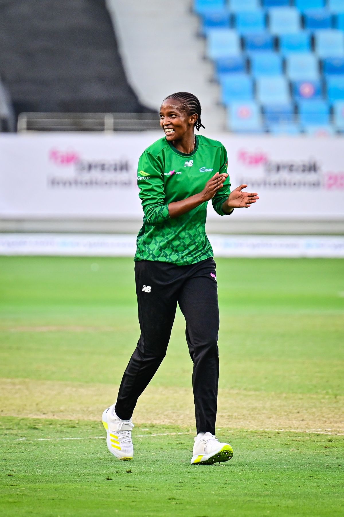 Ayabonga Khaka is all smiles after picking one of her five wickets ...