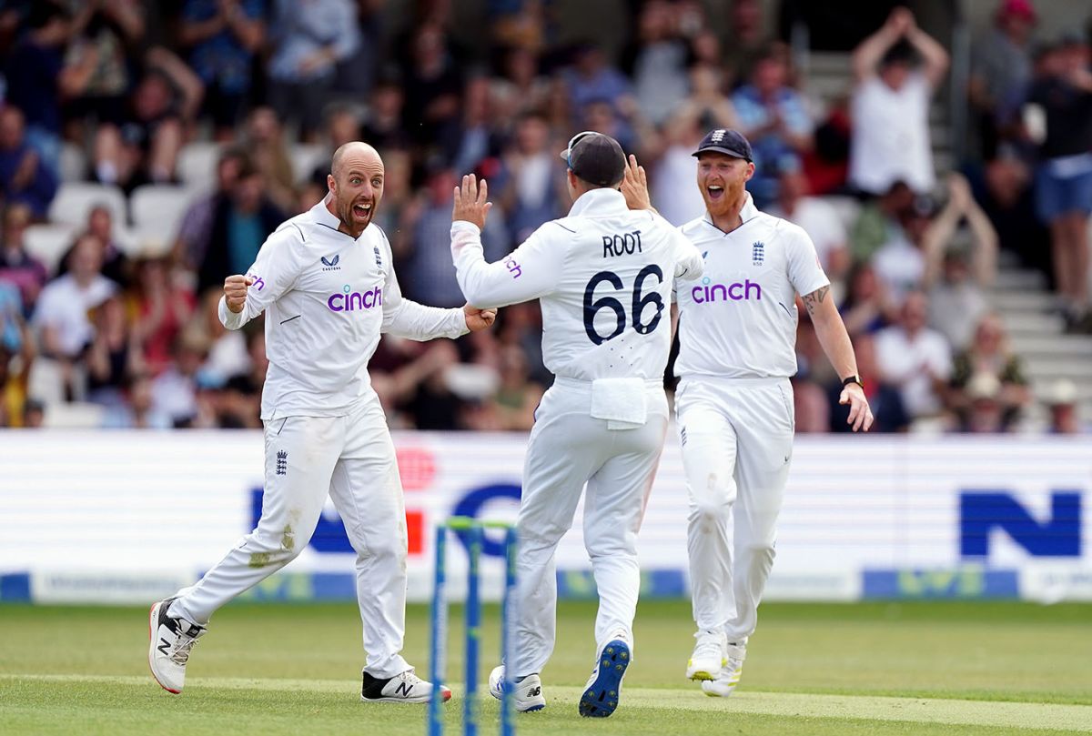 Jack Leach celebrates taking the wicket of Michael Bracewell ...