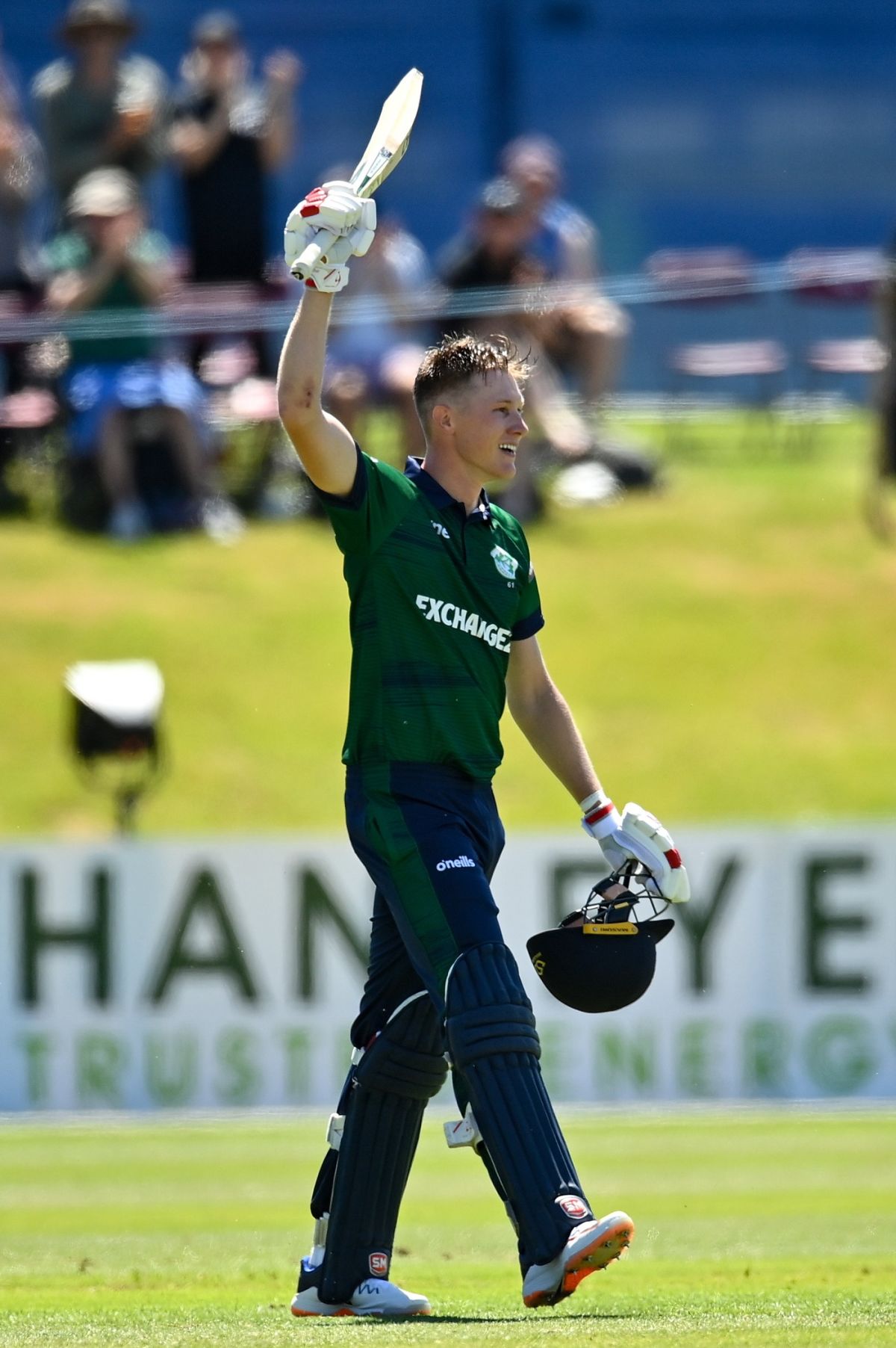 Harry Tector celebrates after getting through to his century with a ...