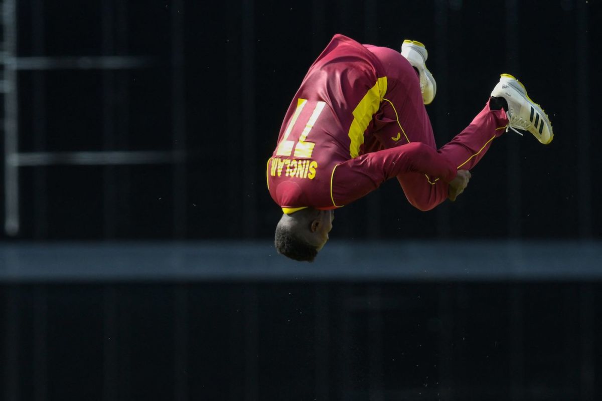Kevin Sinclair commemorates his first wicket with gravity-defying ...
